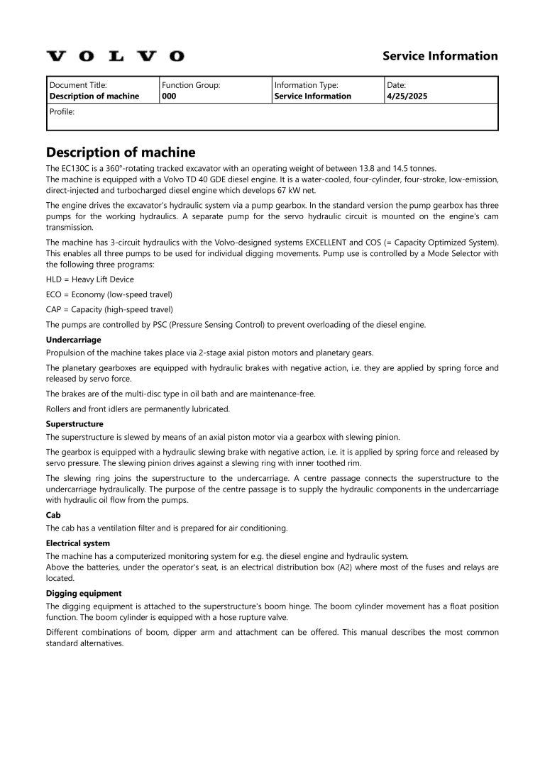 Volvo EC130C Excavators Service Manual | A Repair Manual Store