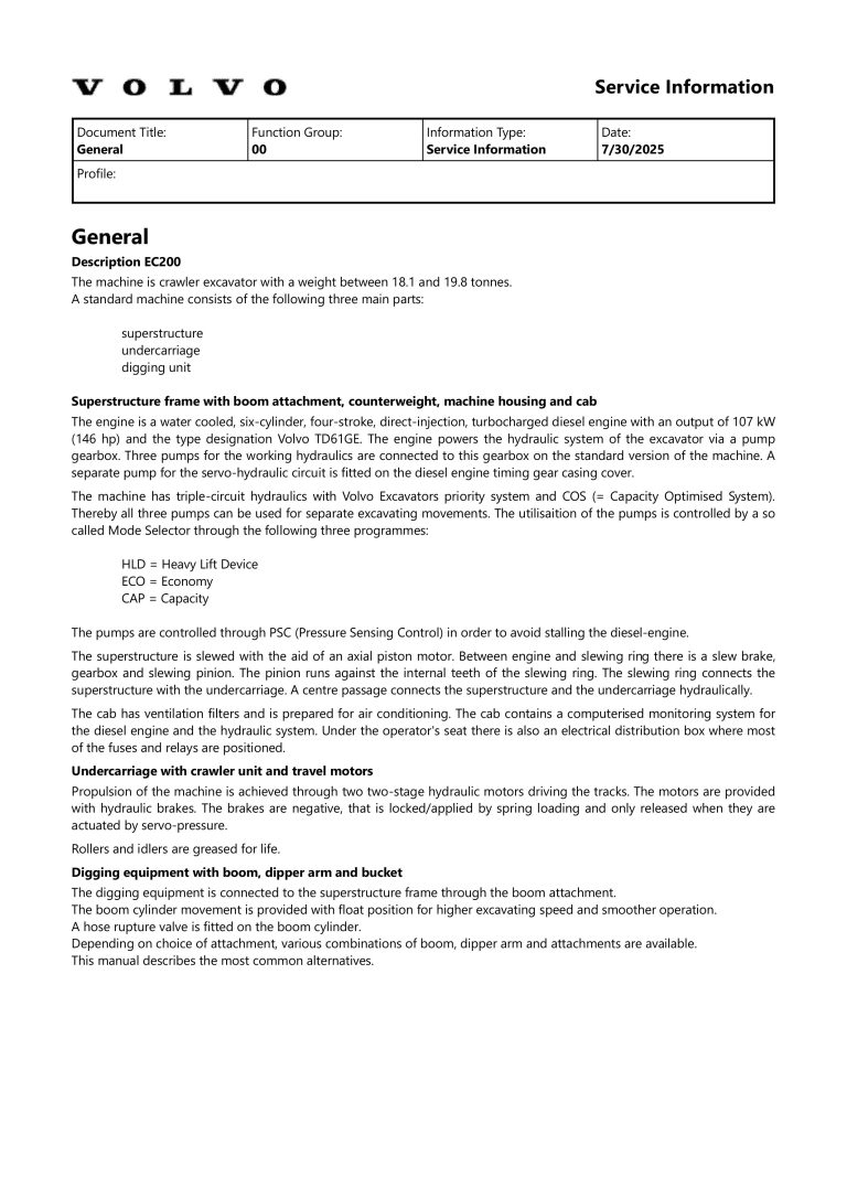 Volvo EC200 Excavators Service Manual | A Repair Manual Store